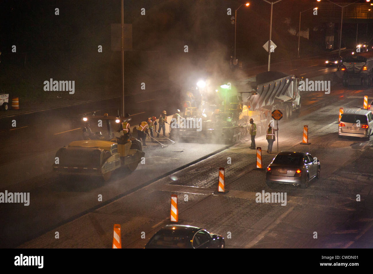 Night road work traffic in Brooklyn NY Stock Photo - Alamy