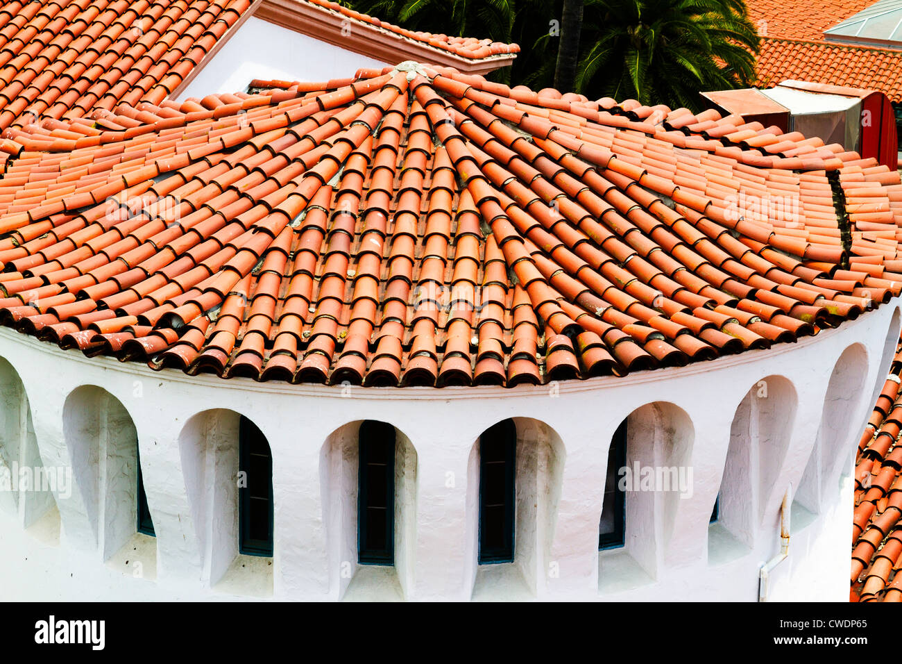 View of tile roof on courthouse in "Santa Barbara", California viewed ...