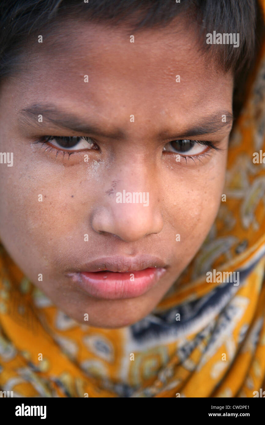 Portrait of boy on street on January 14, 2009 in Kumrokhali, West ...
