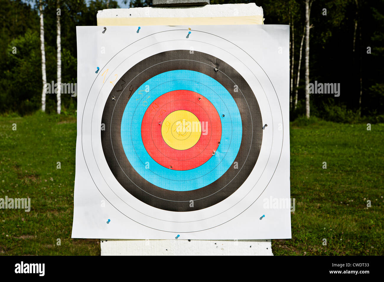 Arrows target is with holes hanging on basis Stock Photo - Alamy