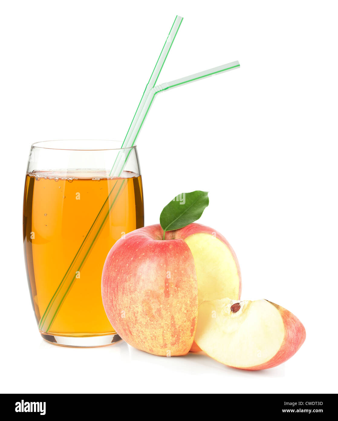 Apple juice in a glass with drinking straws and apple. Isolated on ...