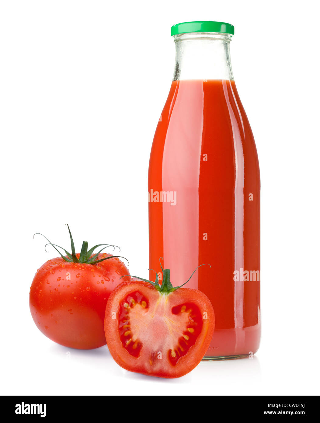 Bottle of tomato juice and ripe tomatoes. Isolated on white background ...
