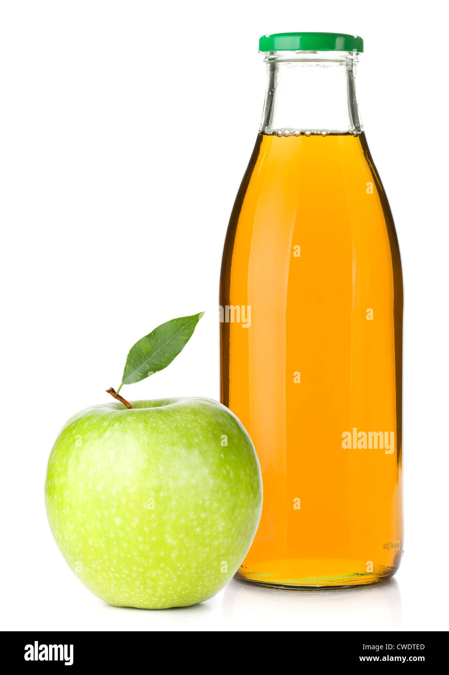 Apple juice in a glass bottle and ripe apple. Isolated on white ...