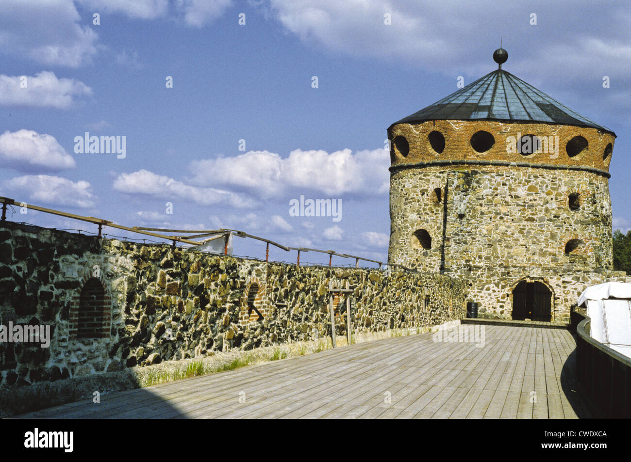 A parapet and tower of the 15th century medieval fortress Olavinlinna ...