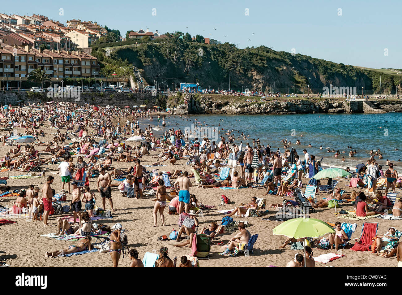 Aerial panoramic view of the beach in the town of Luanco, Asturian ...