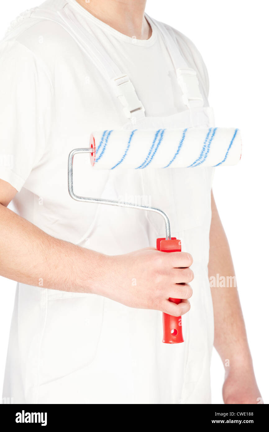 paint roller in hand of a worker, isolated on white Stock Photo - Alamy