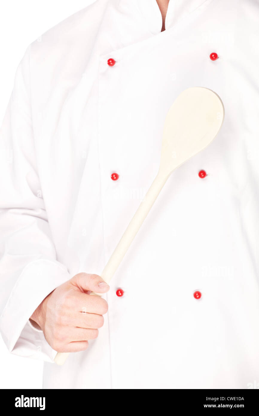 Male chef holding mixing spoon, isolated on white Stock Photo - Alamy