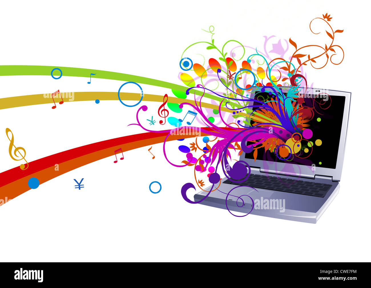 Computer Laptop With Musical Symbols Stock Photo - Alamy