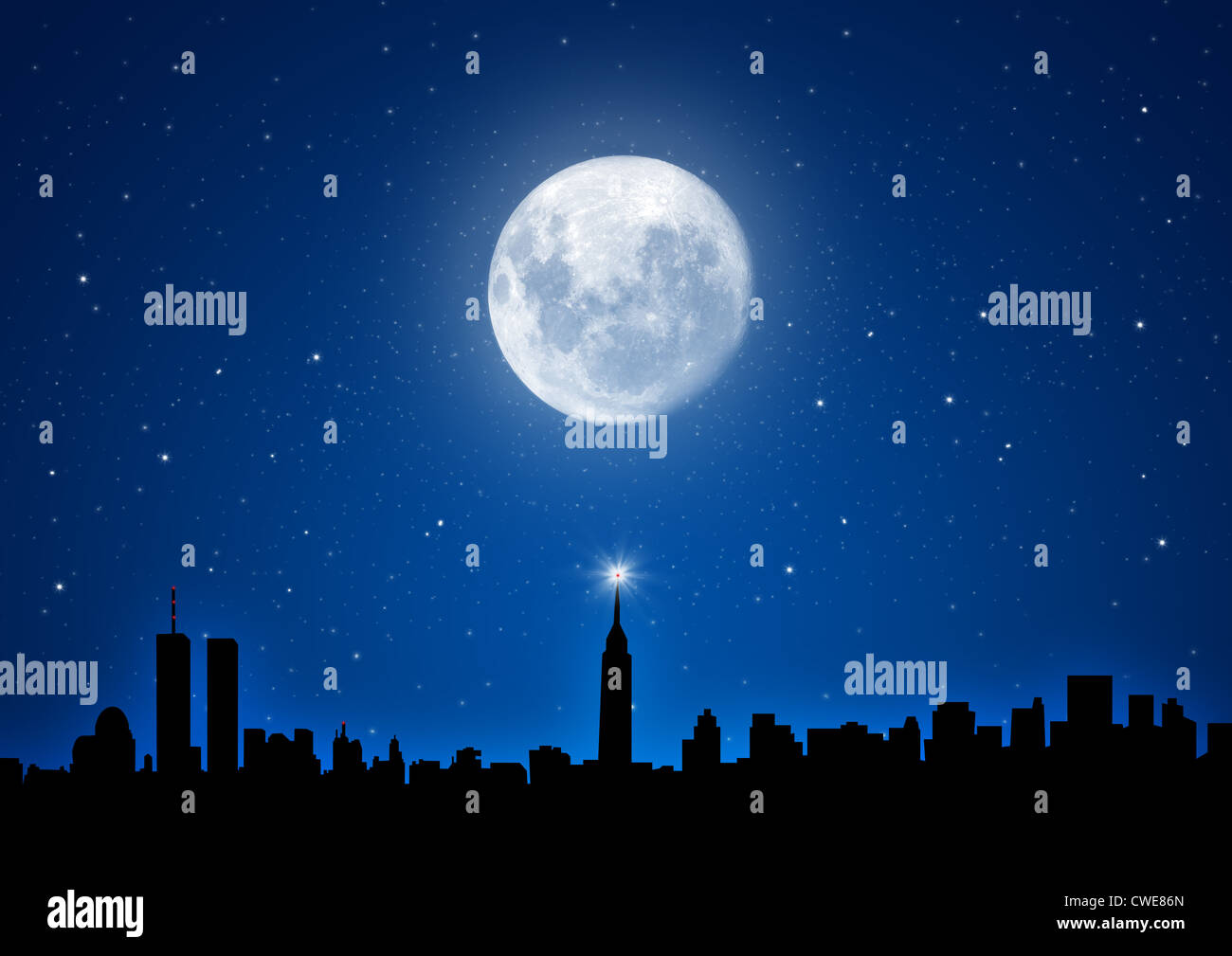 Cityscape And Full Moon In Sky, Night Scene Stock Photo - Alamy