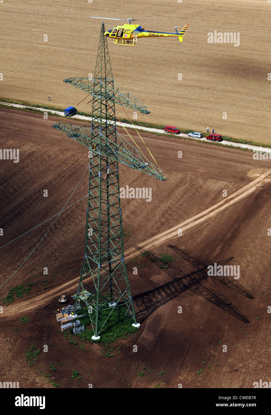 Freyburg, power line installation with a helicopter Stock Photo - Alamy