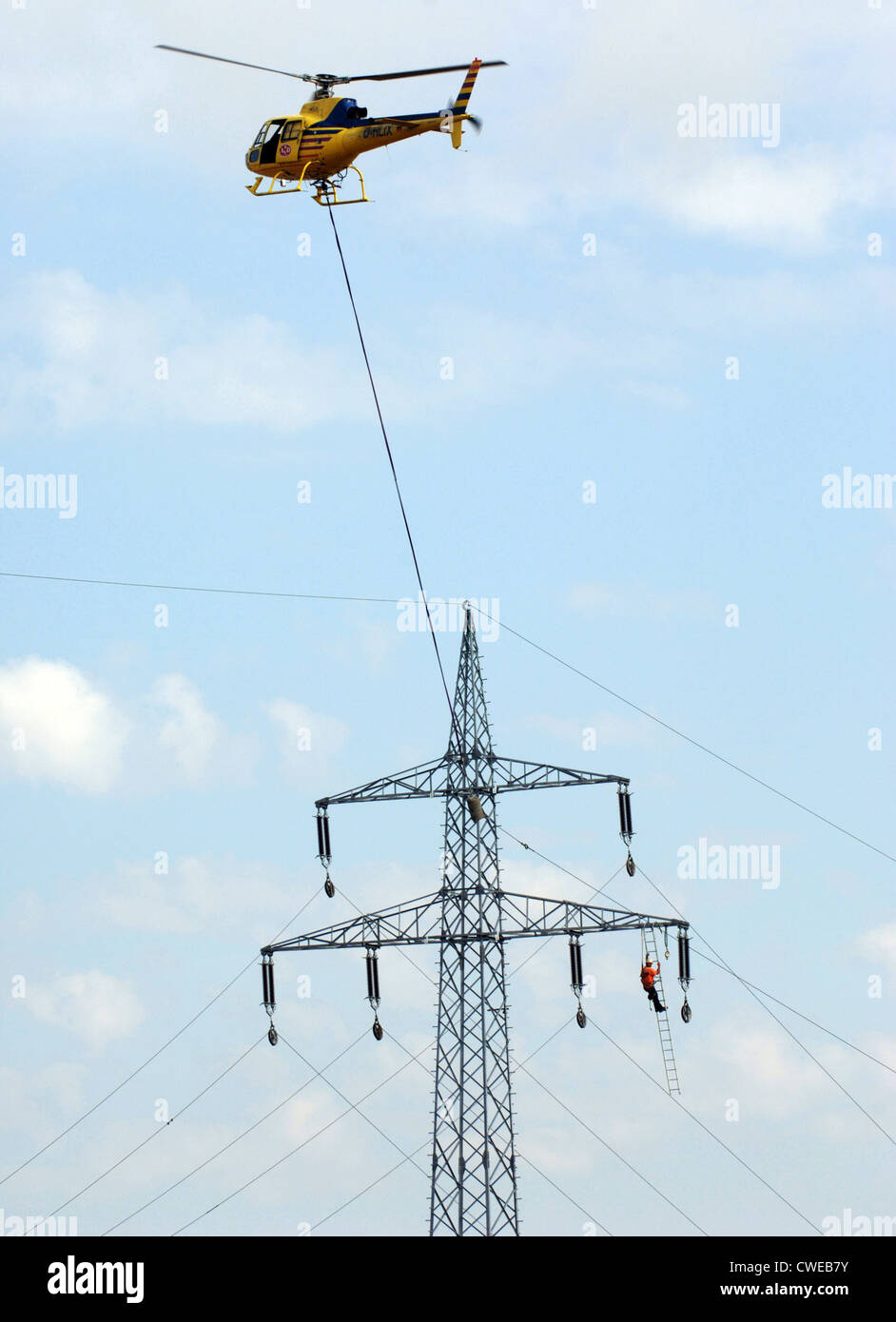 Freyburg, power line installation with a helicopter Stock Photo - Alamy