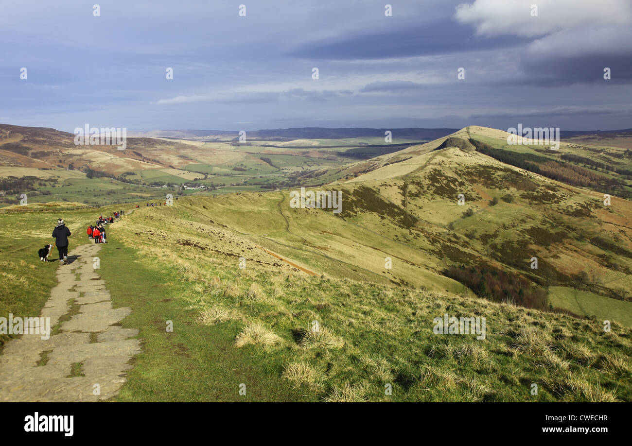 A paved path at the top of Mam Tor Castleton in the High Peak of Derbyshire, Peak District ...