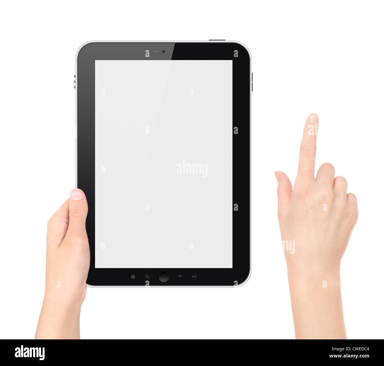 Hand holding tablet pc with touching hand. Add clipping path for ...