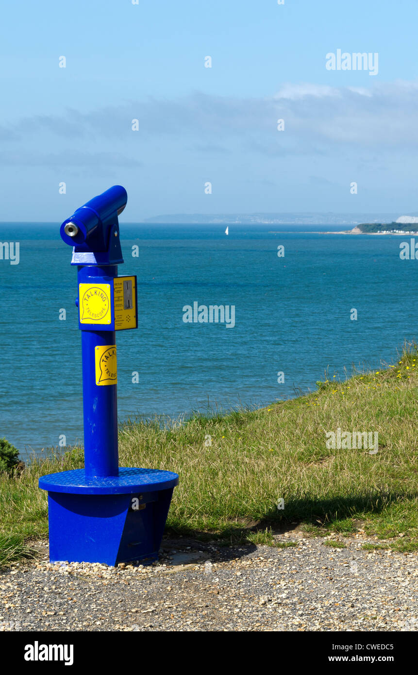Blue talking telescope Christchurch Bay with a view of Hengistbury Head ...