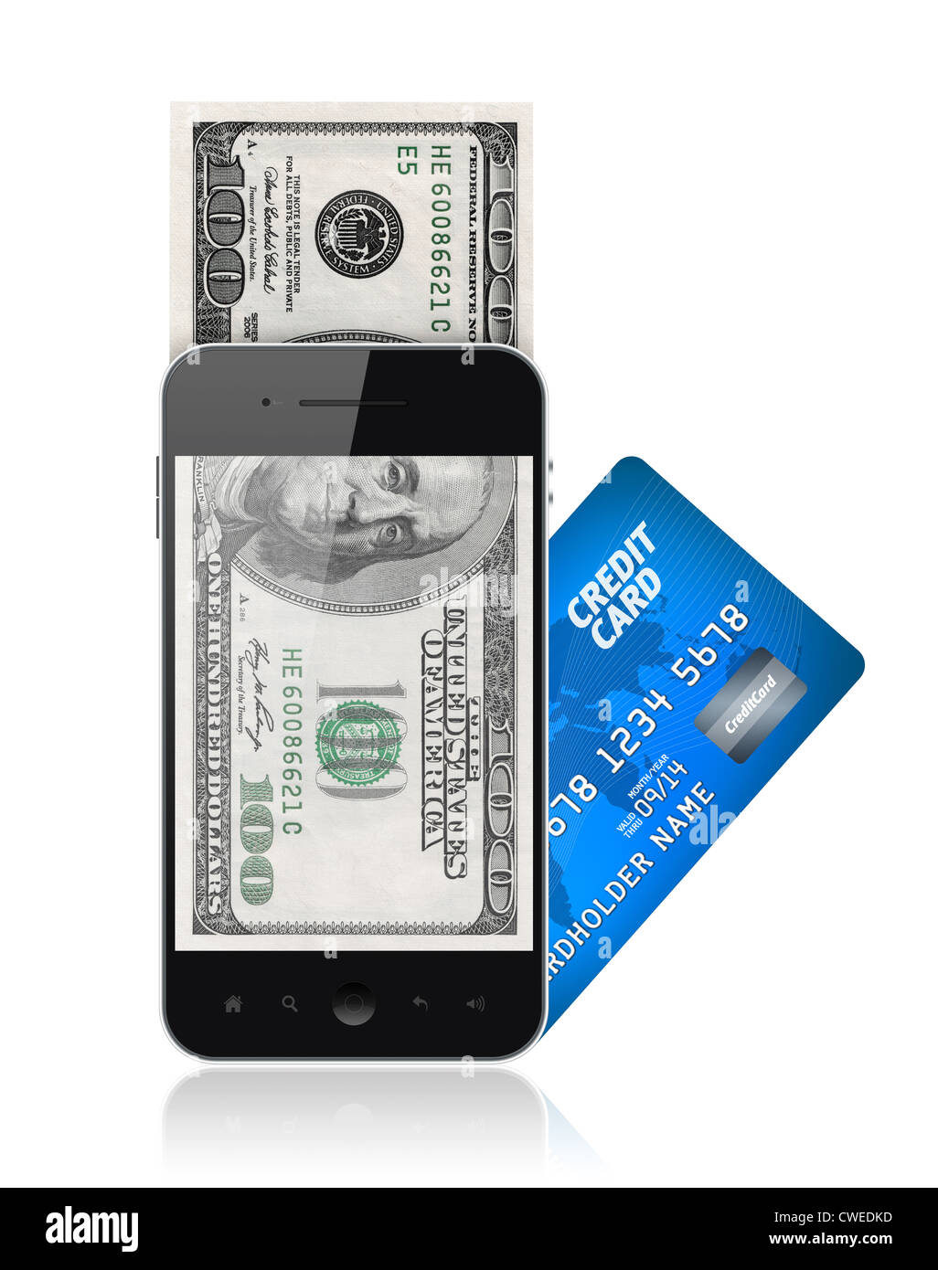 Modern mobile phone with hundred dollar bills on a screen and with ...