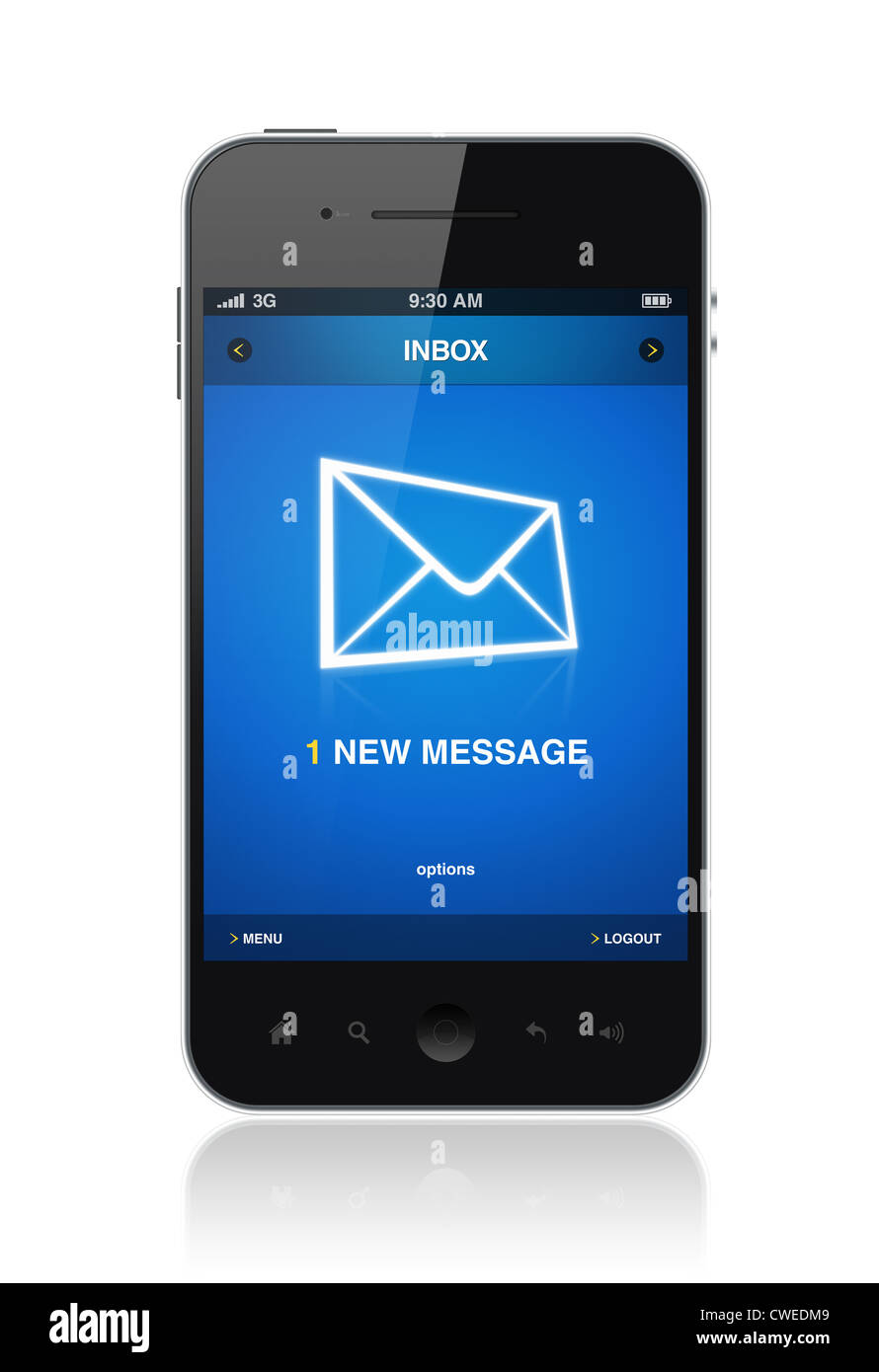 Modern mobile phone with one new message on a screen. Isolated on white ...