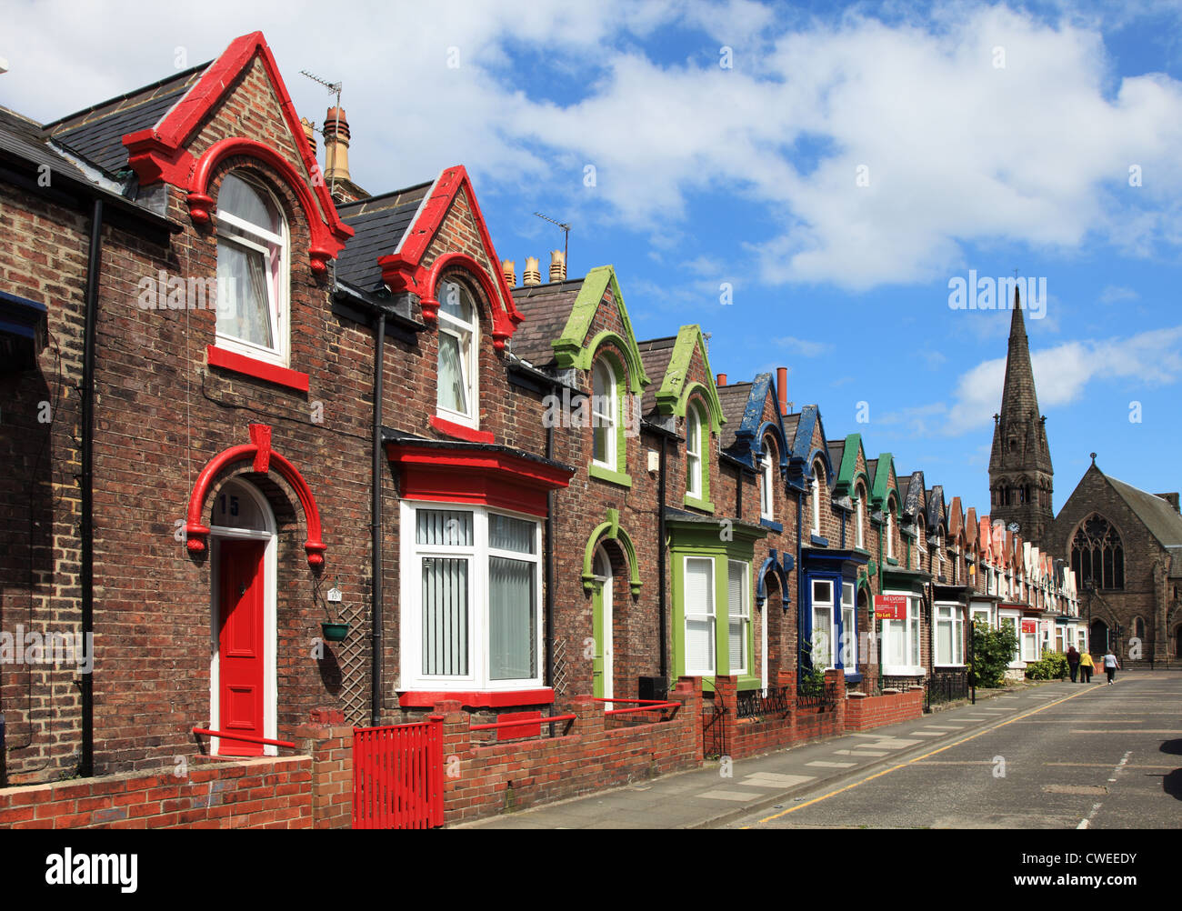 Traditional terraced cottages in Alice Street Sunderland with United ...
