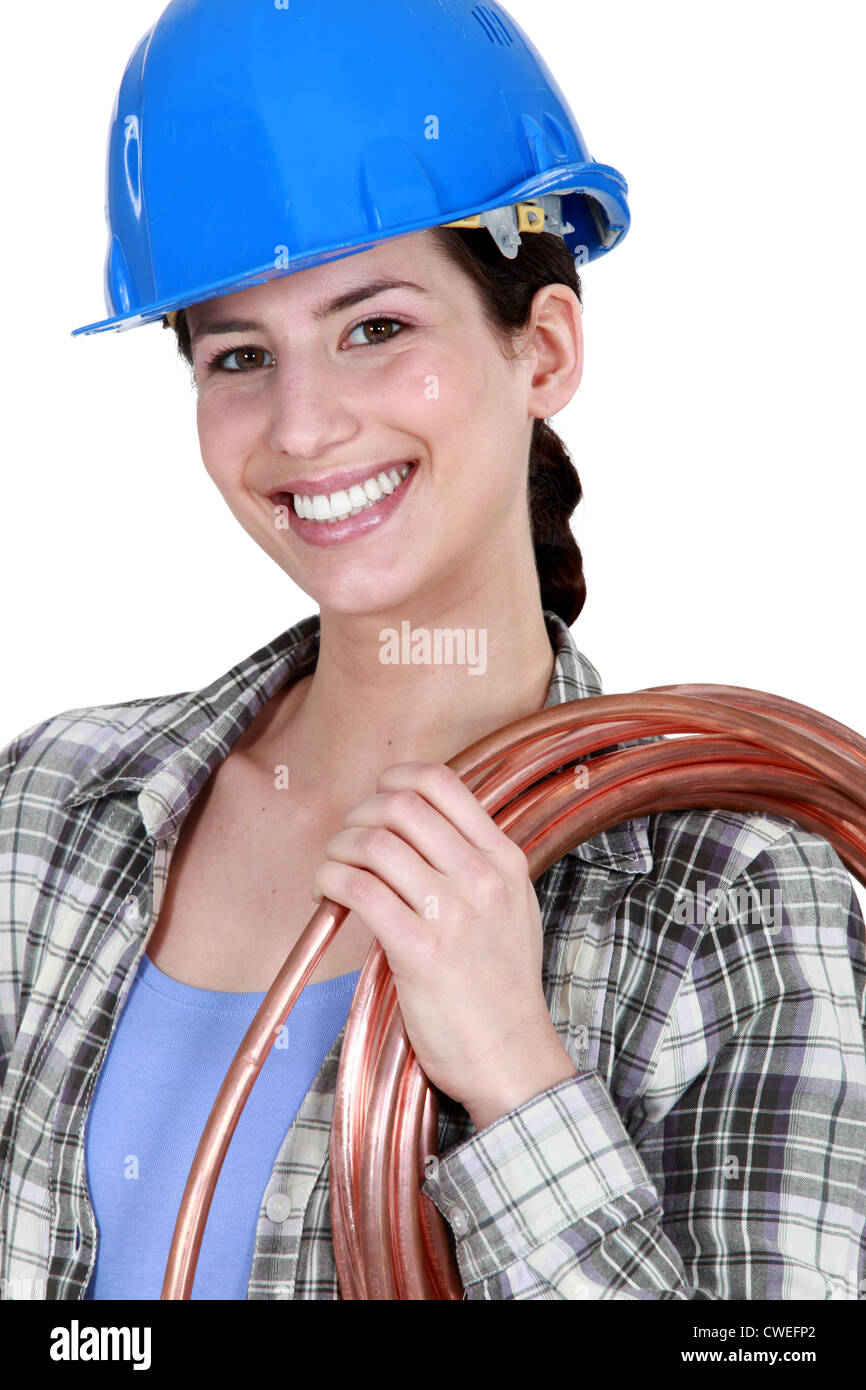 Happy woman laborer Stock Photo - Alamy