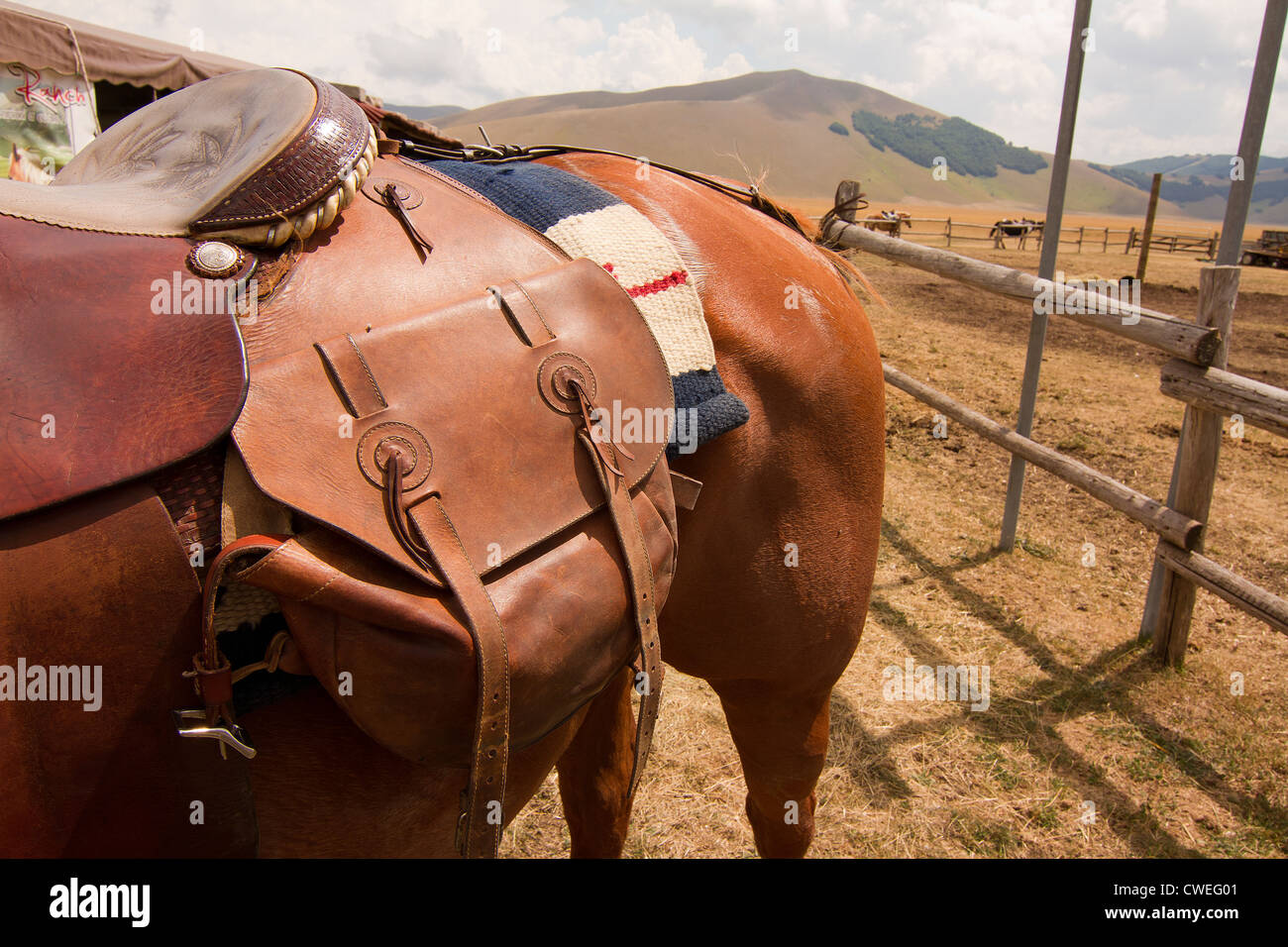 saddle on horse at riding stables in Castelluccio in Italy Stock Photo ...