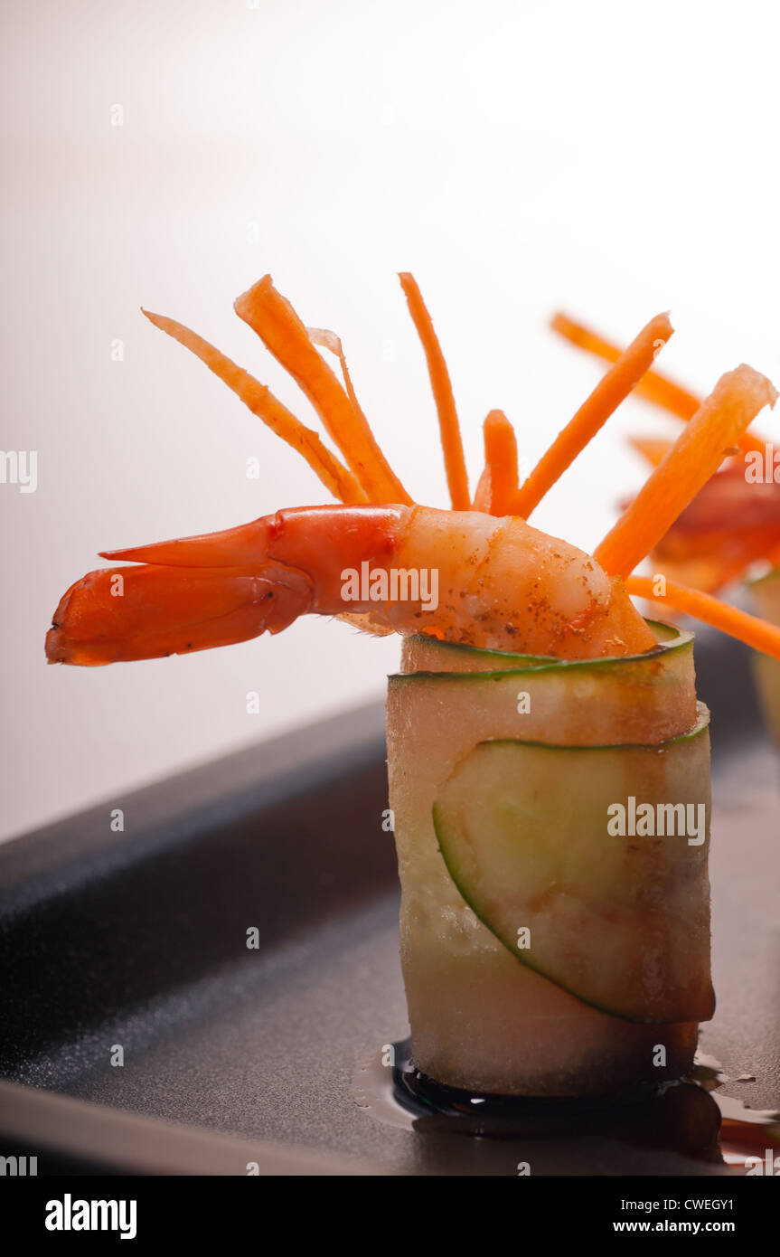 colorful fresh prawn shrimps and vegetables appetizer snack antipasto ...