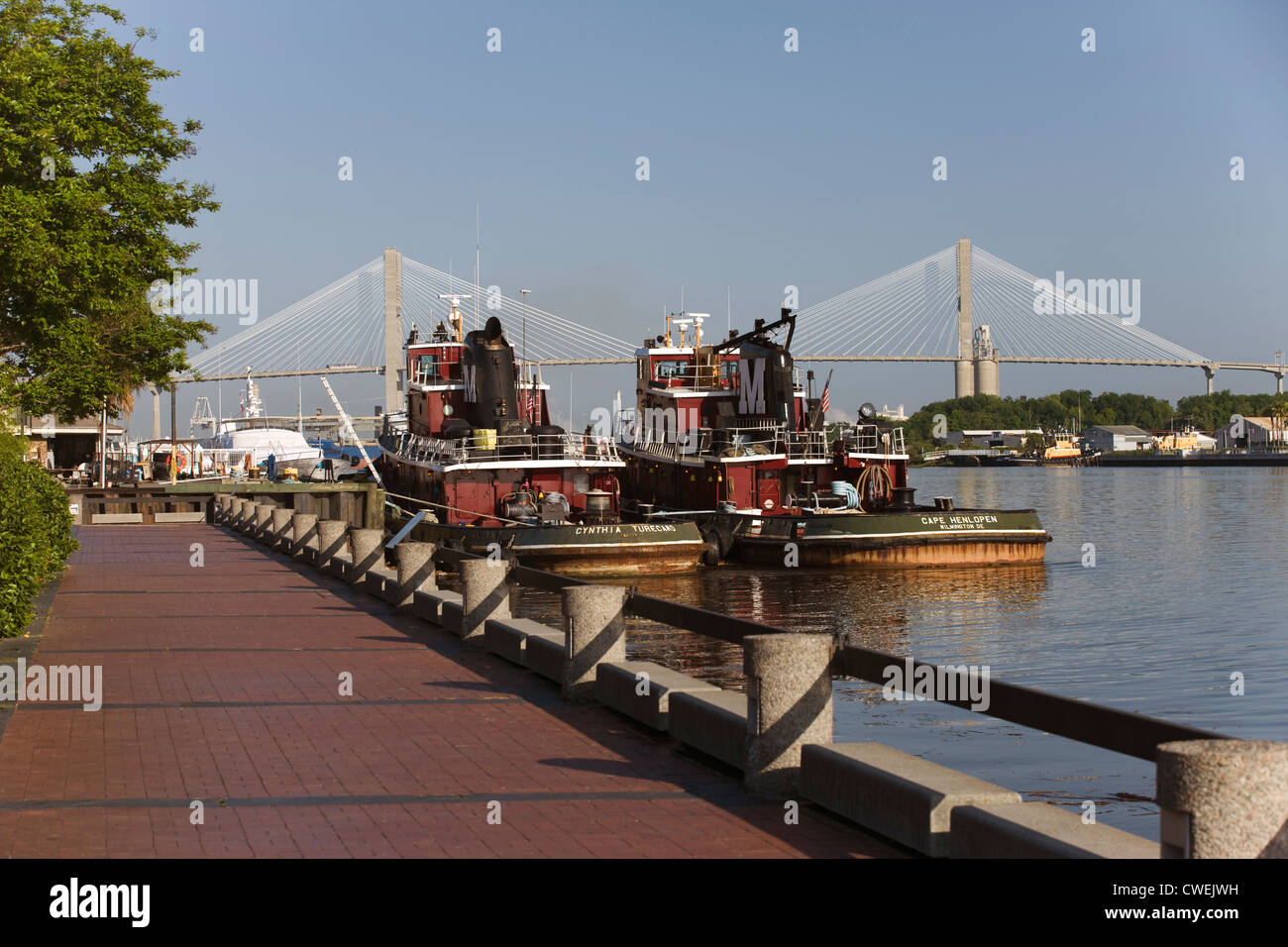 TUG BOATS TALMADGE SUSPENSION BRIDGE RIVERWALK SAVANNAH RIVER SAVANNAH ...