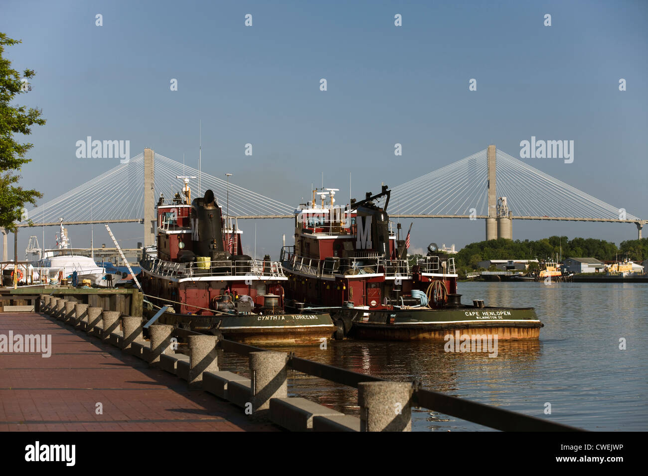 TUG BOATS TALMADGE SUSPENSION BRIDGE RIVERWALK SAVANNAH RIVER SAVANNAH ...