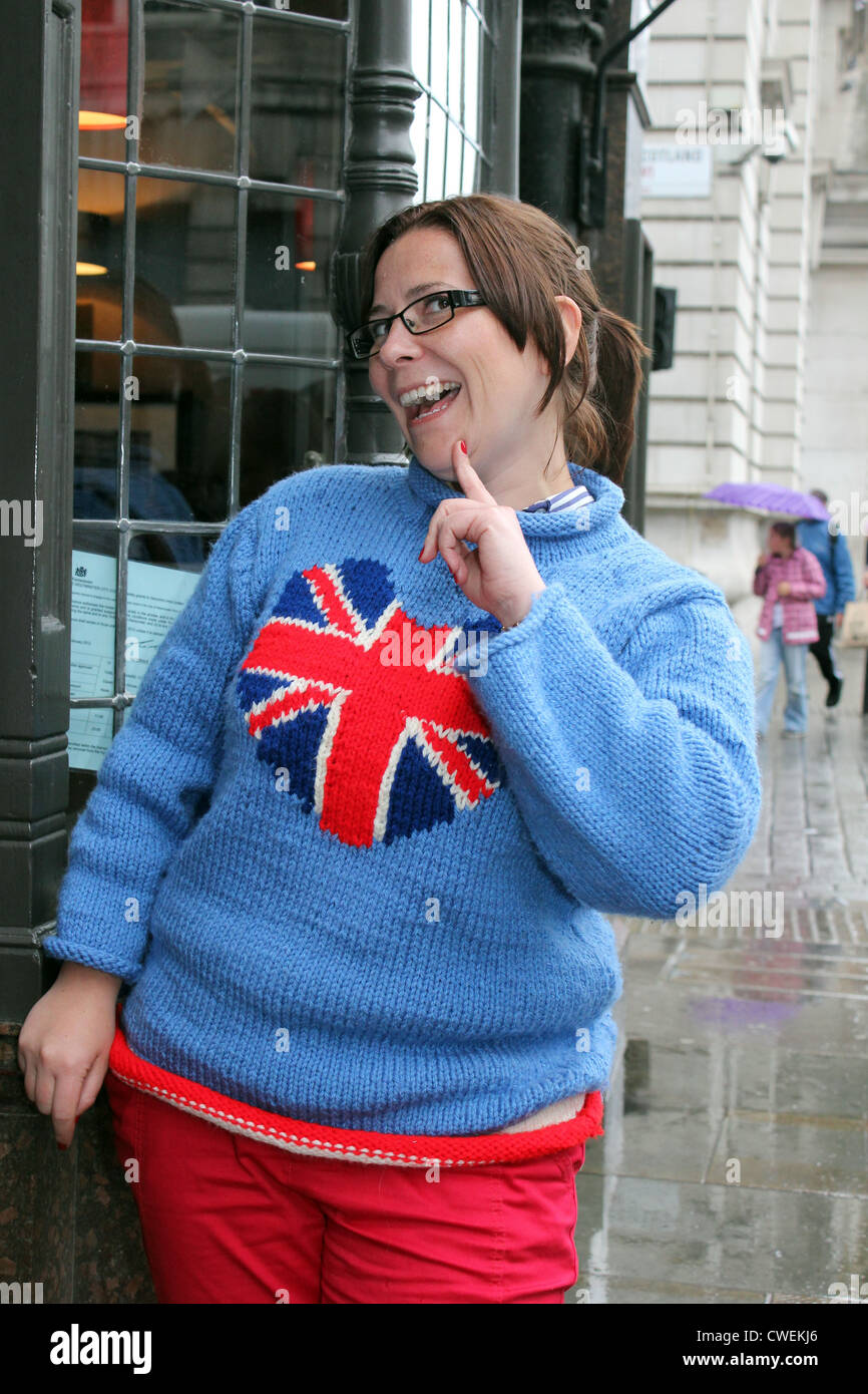 Young woman wearing love heart union jack jumper during the ...