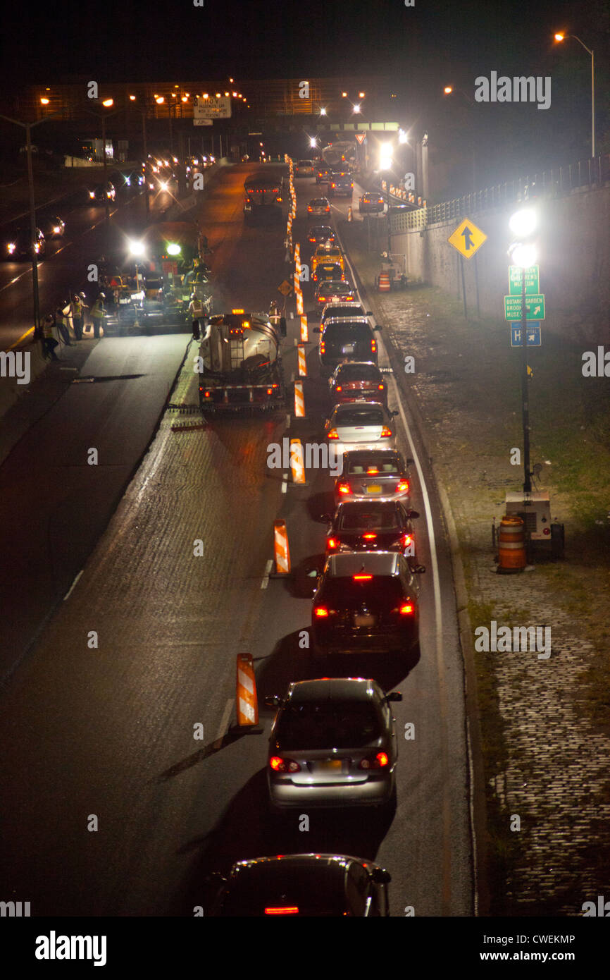 Night road work traffic in Brooklyn NY Stock Photo - Alamy