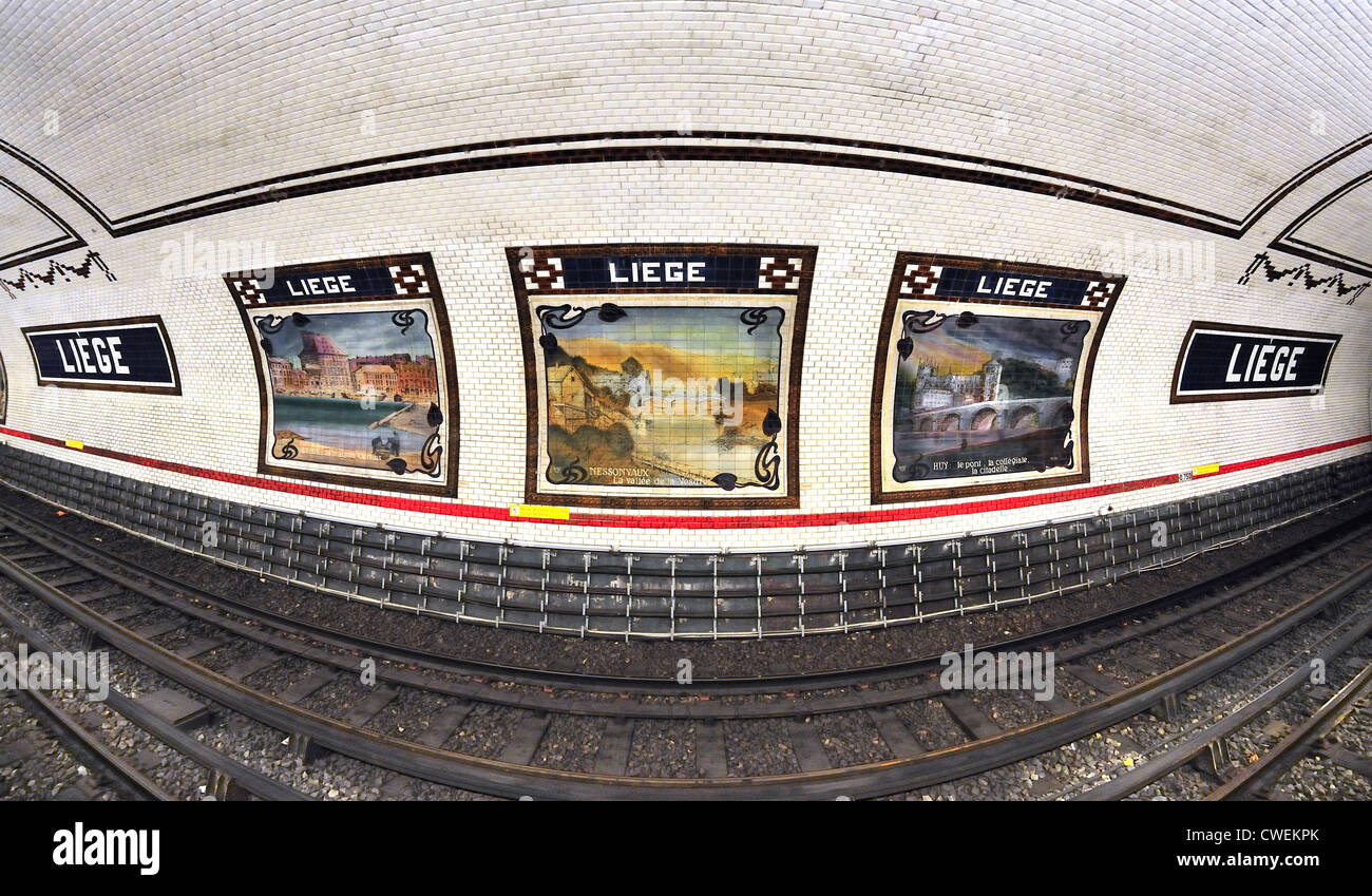 Paris, France. Liege Metro station. Ceramic tile decoration. Fish-eye ...
