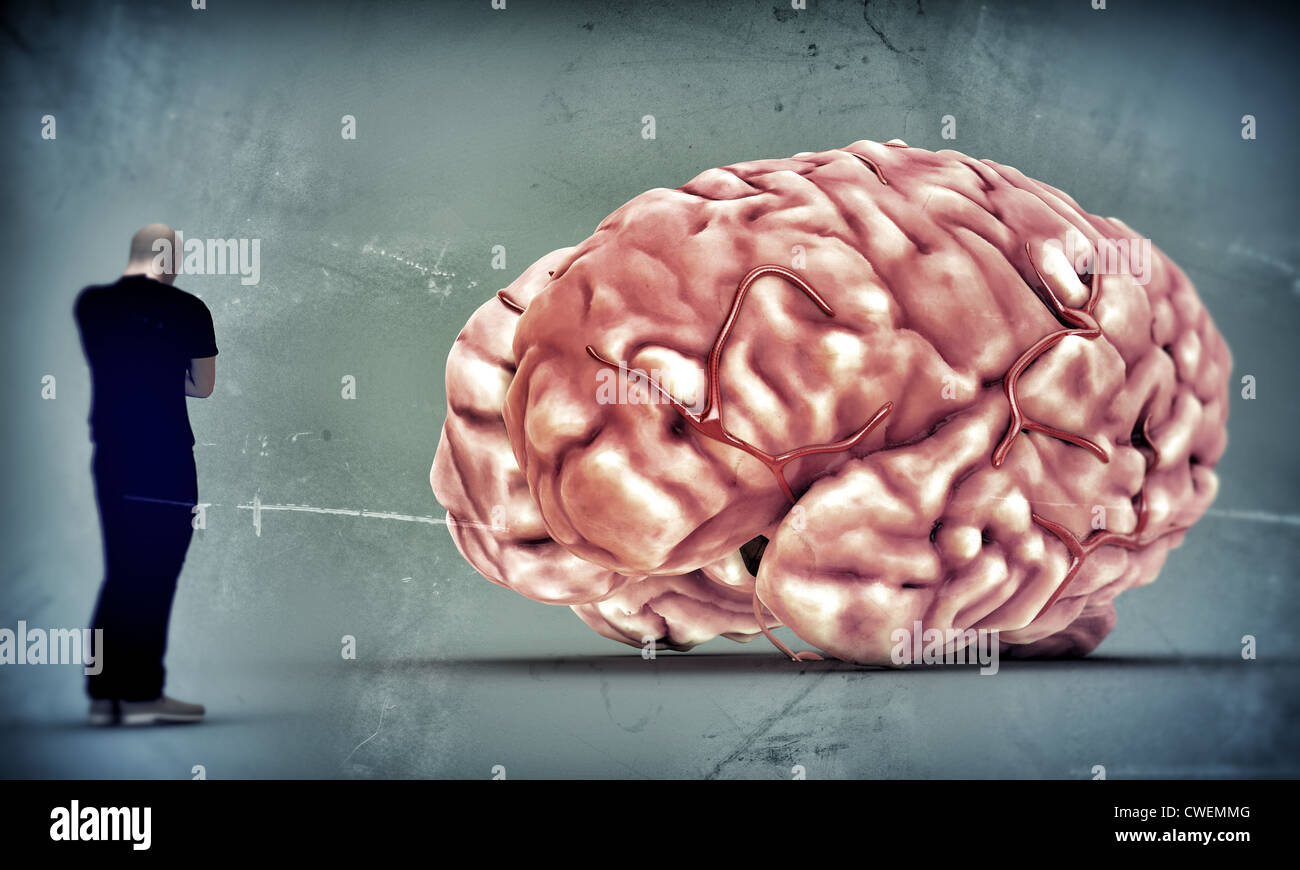 man in black thinking with a big brain drop on the floor Stock Photo ...