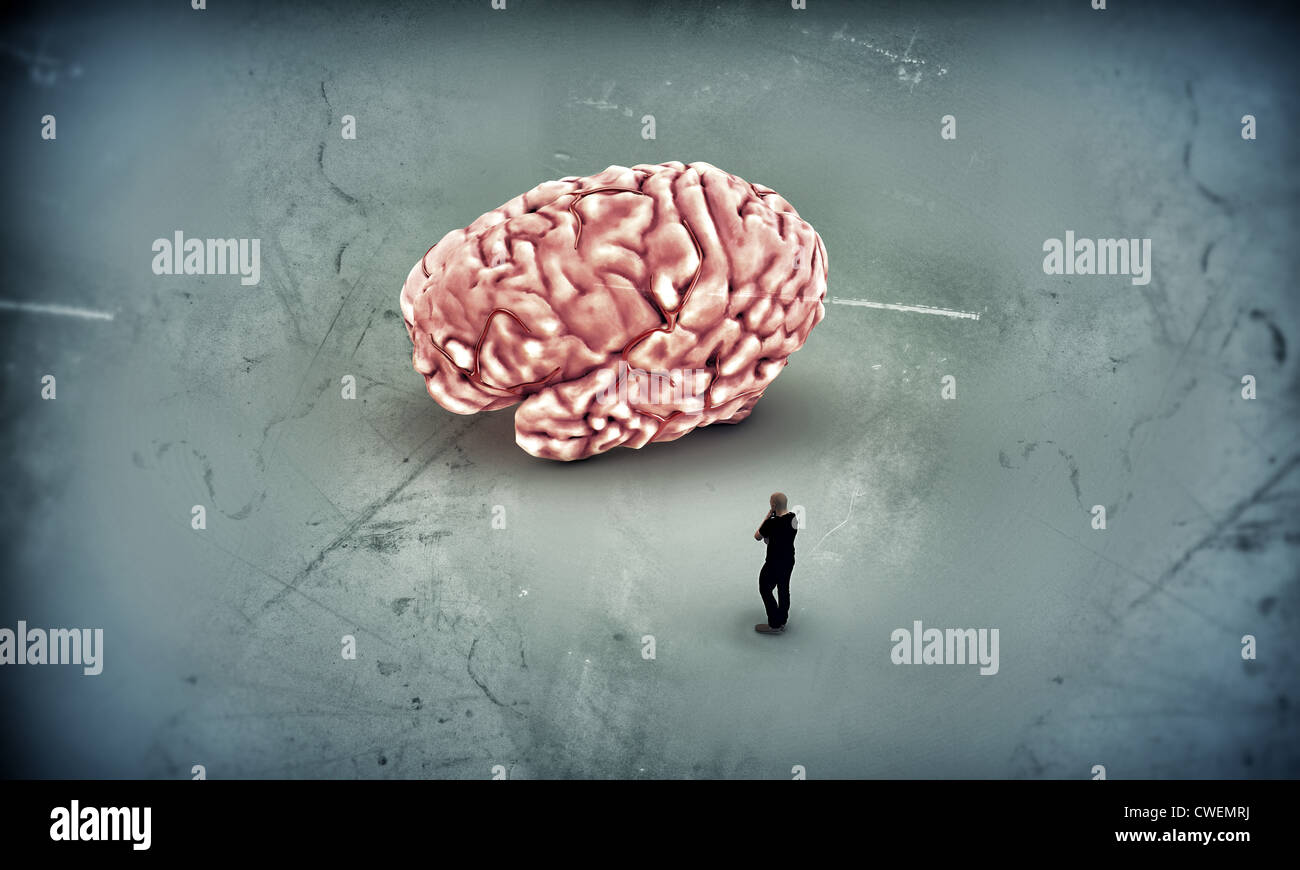 man in black thinking with a big brain drop on the floor Stock Photo ...