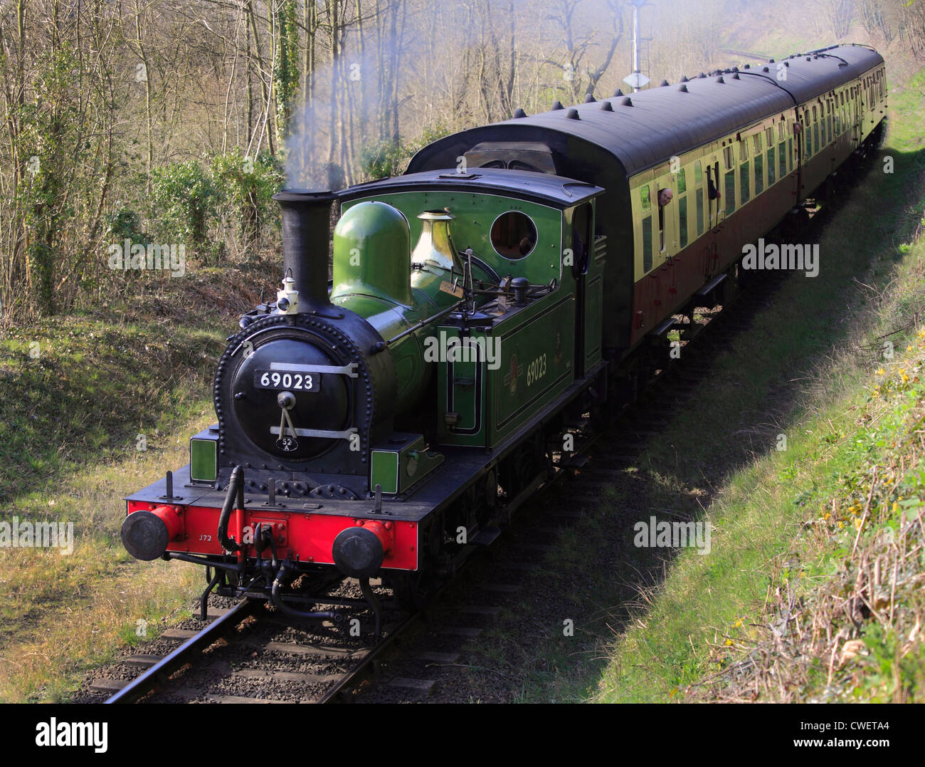 J72 Class No.69023 Joem pulling a late passenger train into Bewdley ...