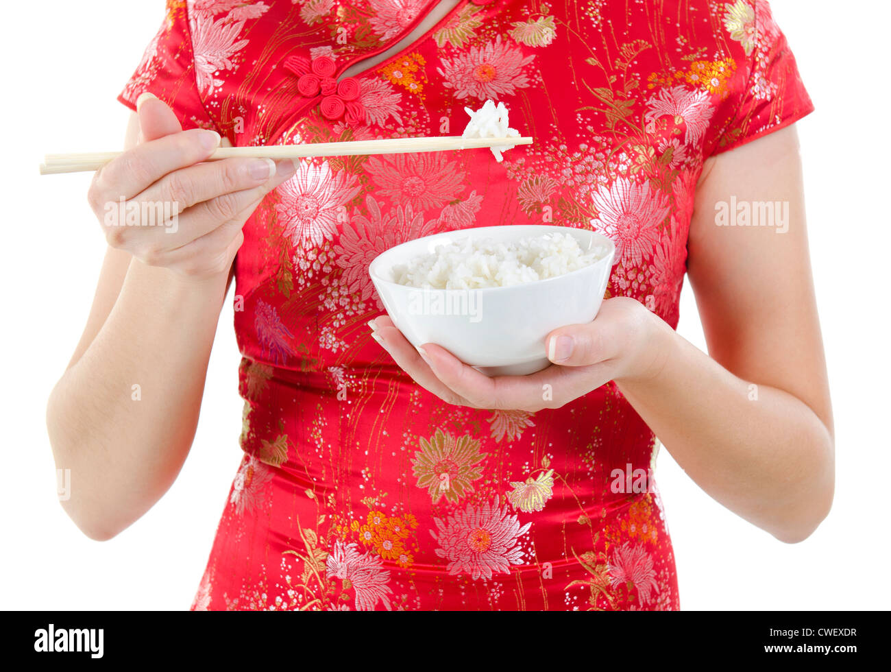 Asian oriental woman holding chopsticks and rice bowl, isolated on ...