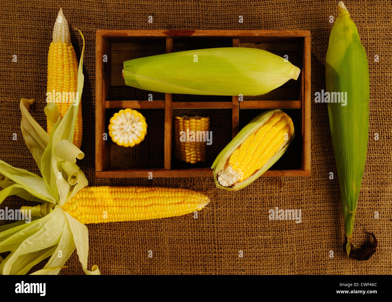yellow corn in wooden box Stock Photo - Alamy
