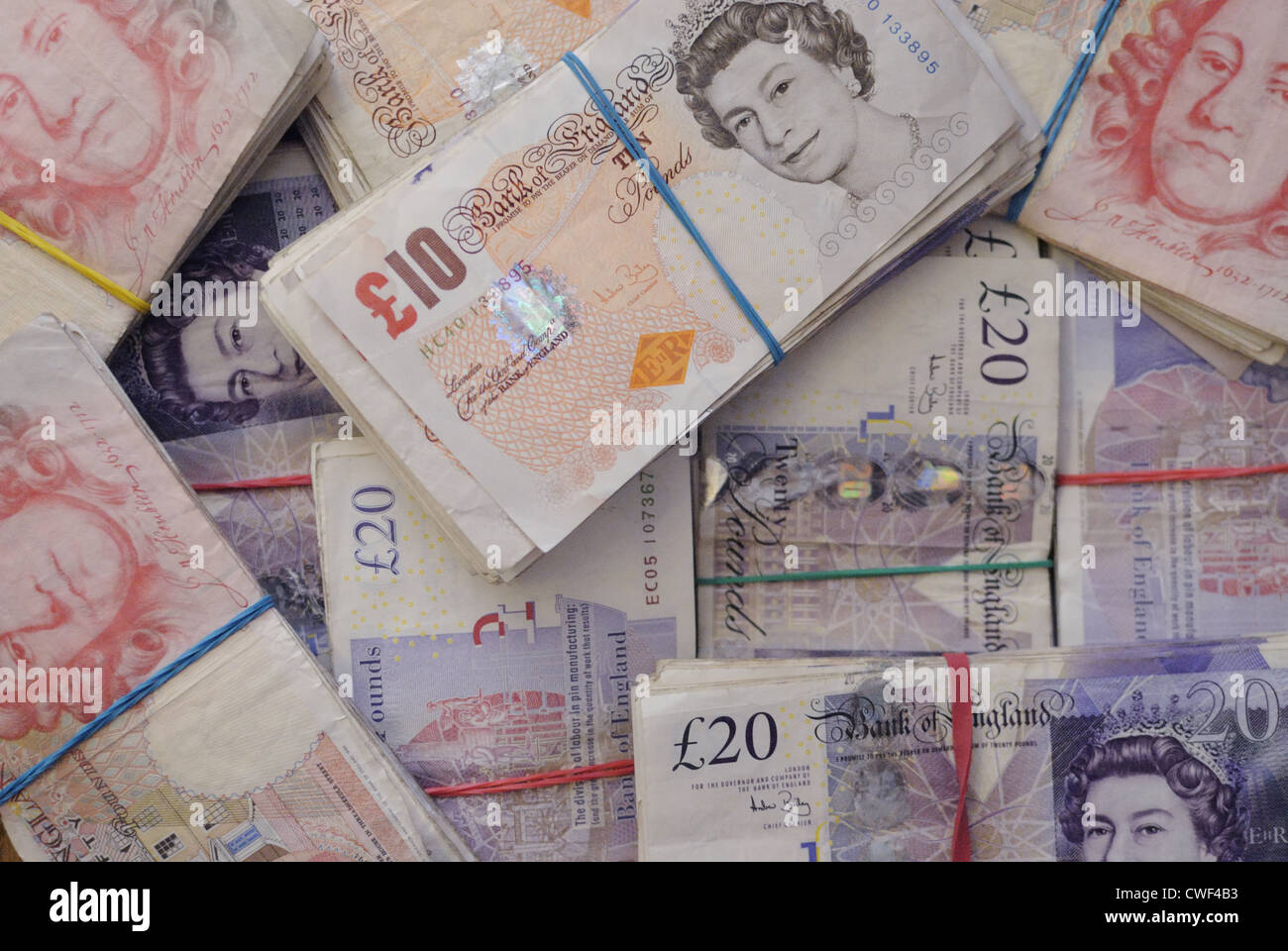 A close-up photo of large numbers of British high-value banknotes Stock ...