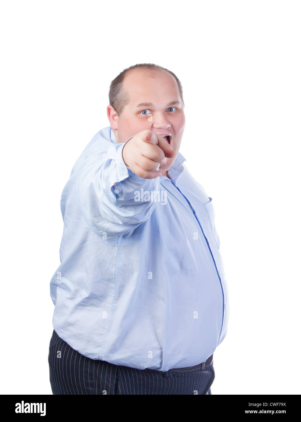 Fat Man in a Blue Shirt, Points Finger, isolated Stock Photo - Alamy