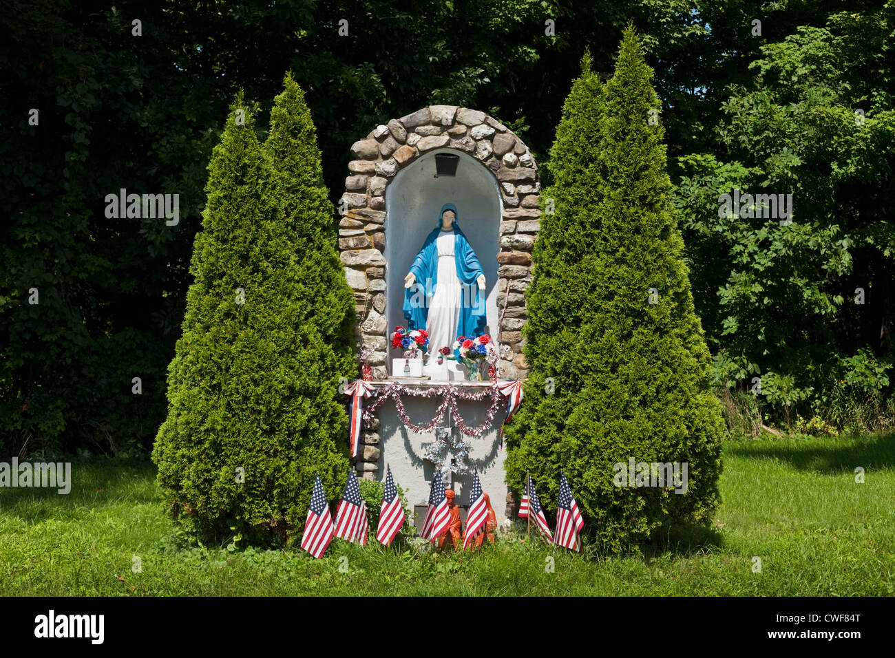 Virgin Mary shrine, red white and blue theme with Old Glory, Hudson ...