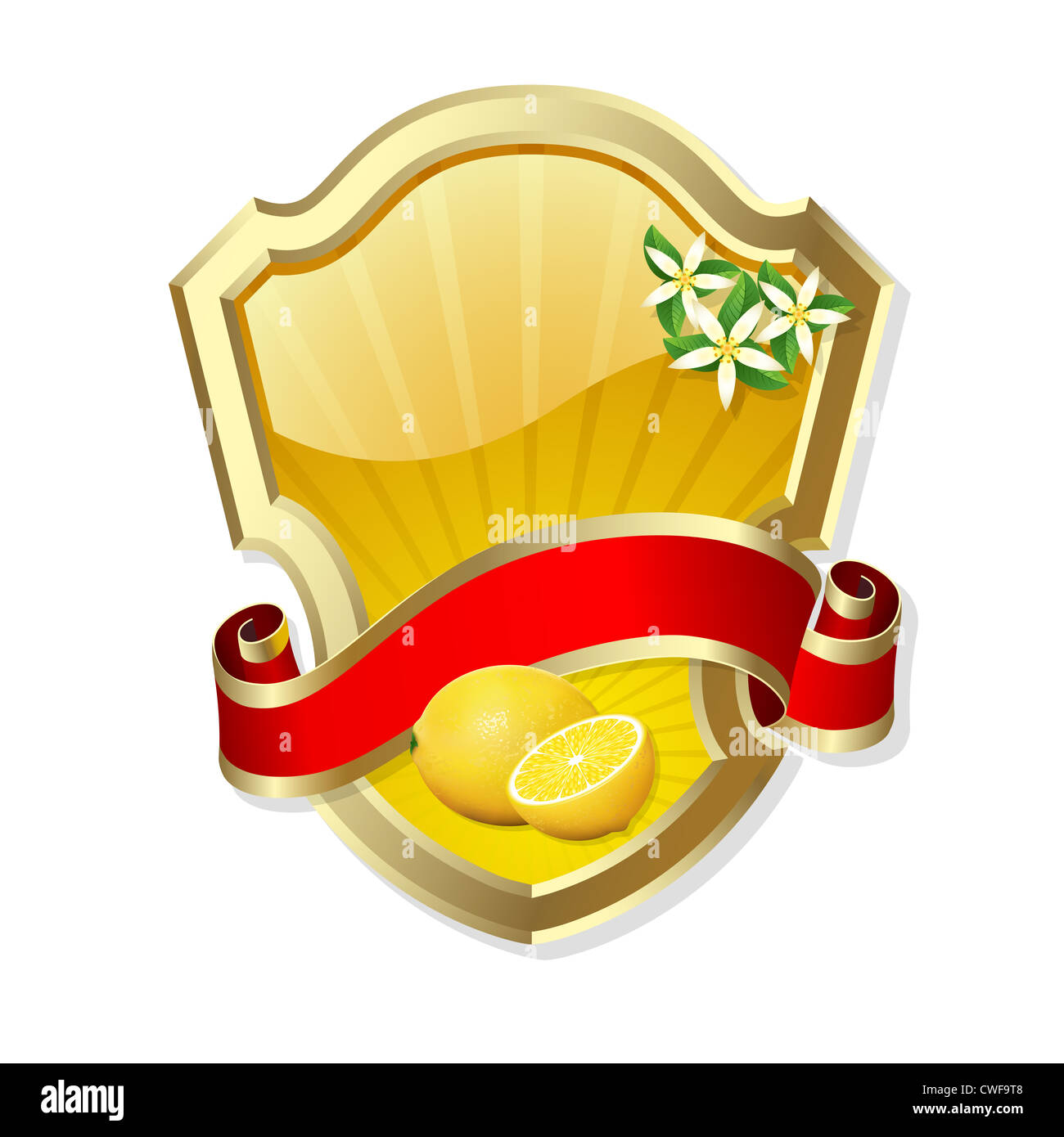Gold-framed label with lemon and red ribbon Stock Photo - Alamy