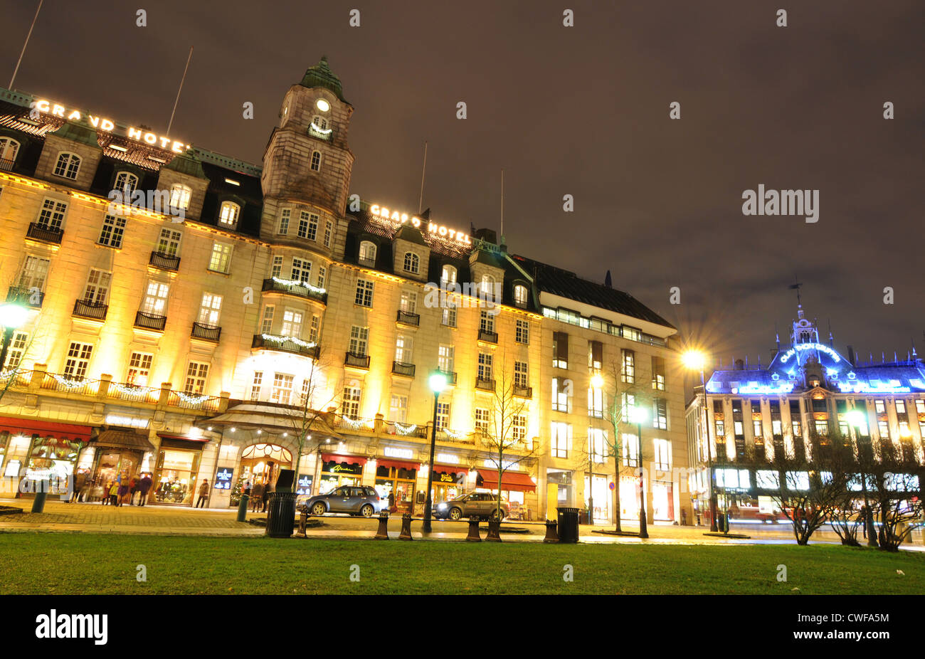 Oslo, Norway - 16 Dec, 2011: Night view of historical buildings in central Oslo at Christmas ...