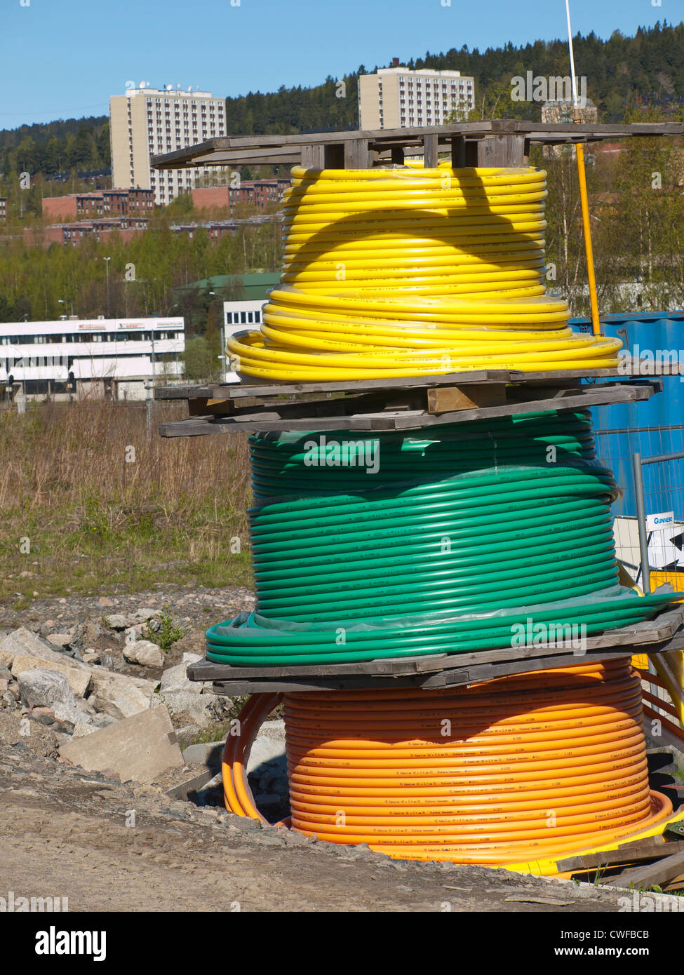 Colorful cable reels on construction site in Groruddalen Oslo Stock ...