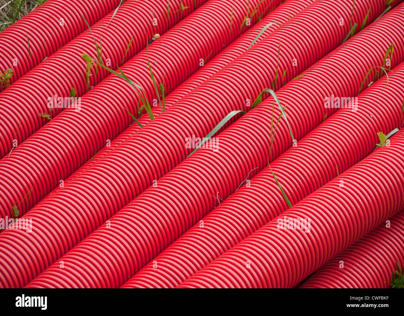 Red plastic tubing for underground cable protection with grass Stock ...