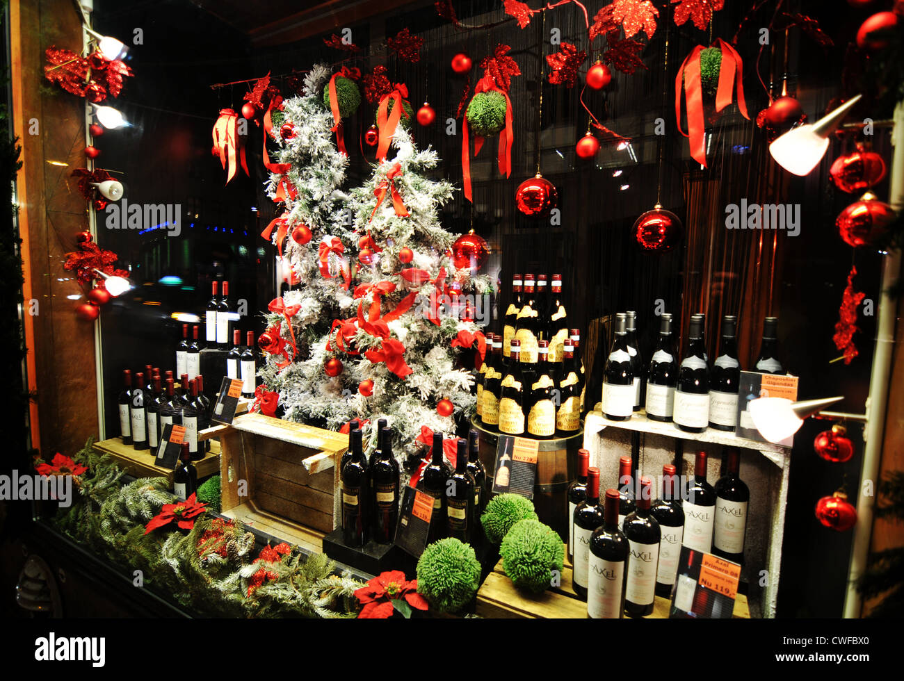 Copenhagen, Denmark - 18 Dec, 2011: Wine on display in window shop at ...