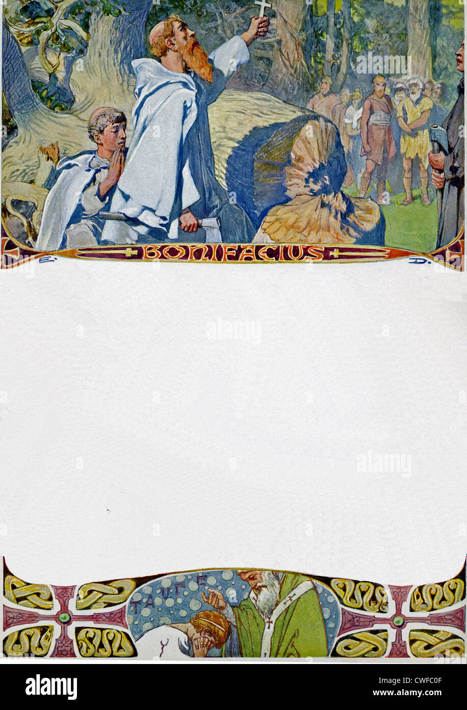 Saint Boniface, after felling the tree with the ax in his hand, holds a ...