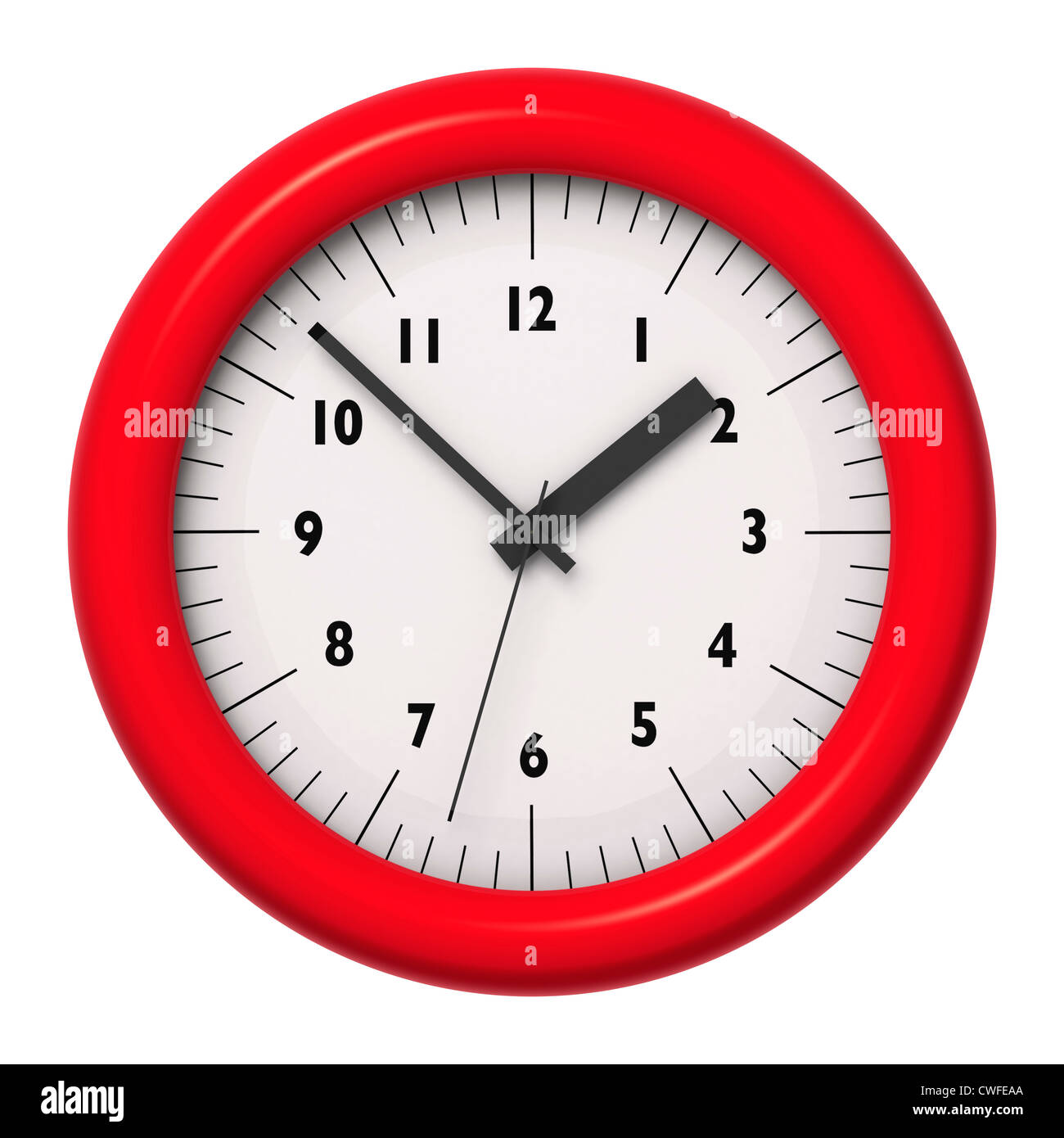 Red wall clock isolated on white background reading ten minutes to two ...