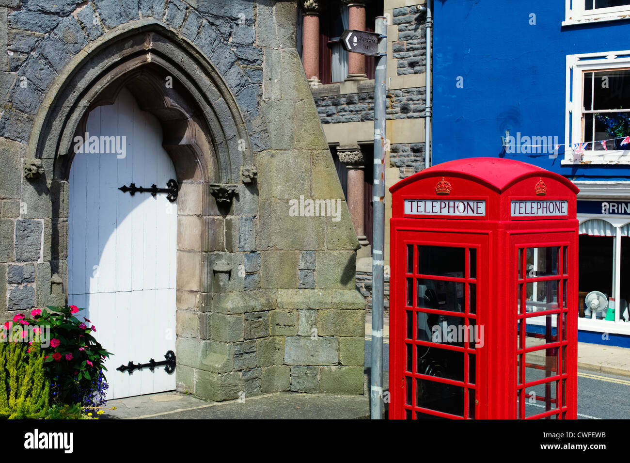 Clock tower and telephone kiosk Knighton Powys Wales Stock Photo - Alamy