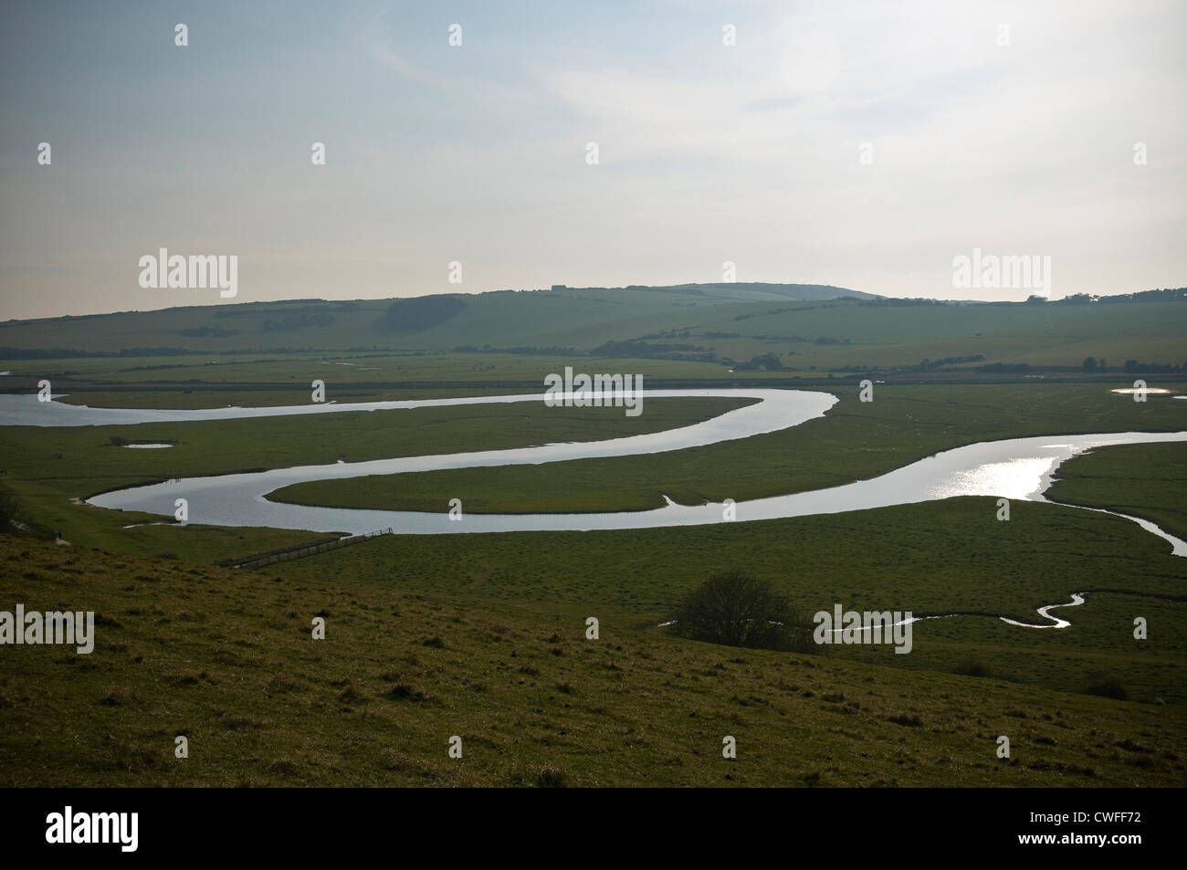 The winding River Cuckmere in the Cuckmere Valley near Seaford, East ...