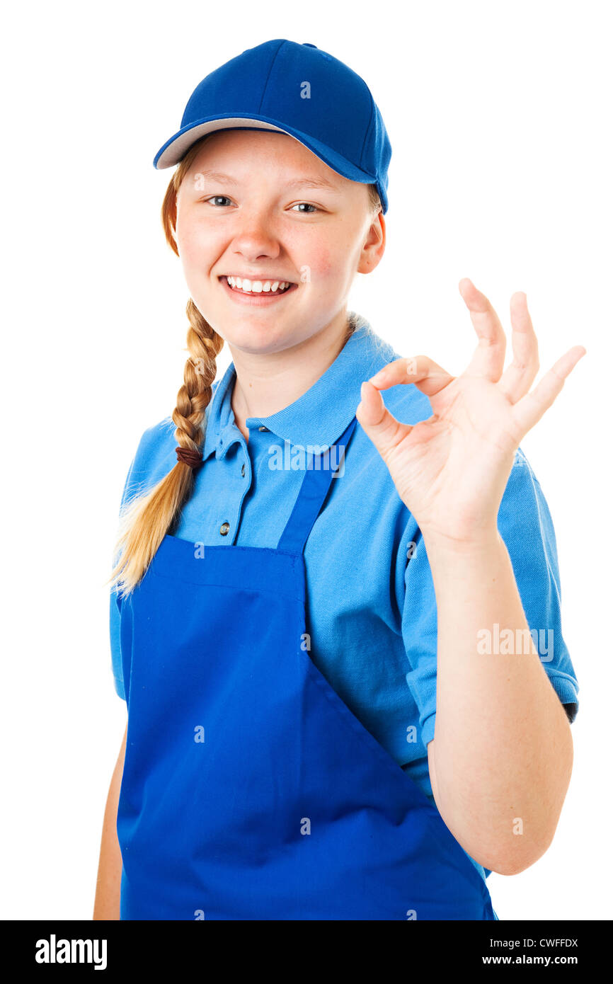 Teenage girl with her first job, giving the okay sign. Isolated on ...