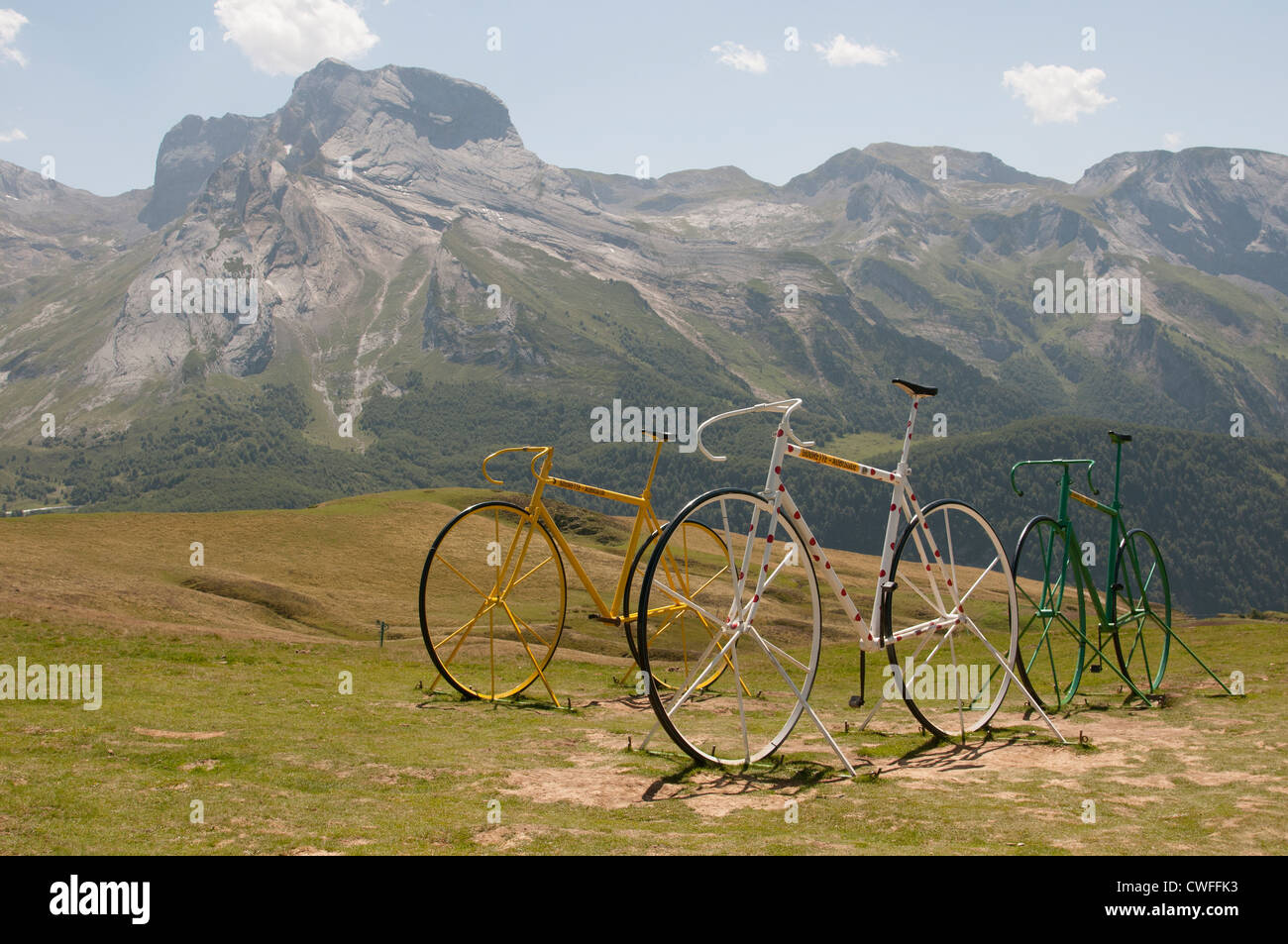 Giant sculptures of racing bikes at the summit Col d' Aubisque a ...