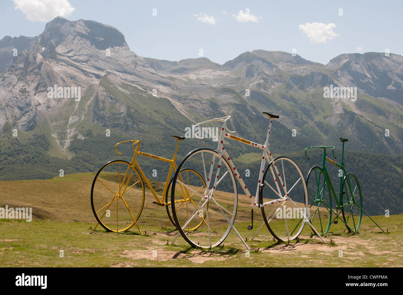 Giant sculptures of racing bikes at the summit Col d' Aubisque a ...