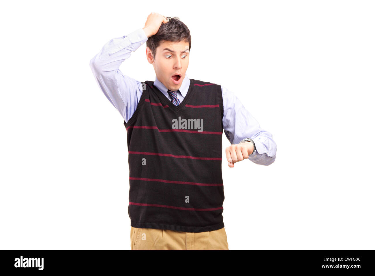 A man looking at his watch, isolated on white background Stock Photo ...